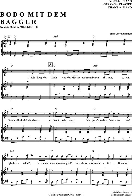 Bodo Mit Dem Bagger - sheet music by Mike Krüger - 7070661 | notendownload