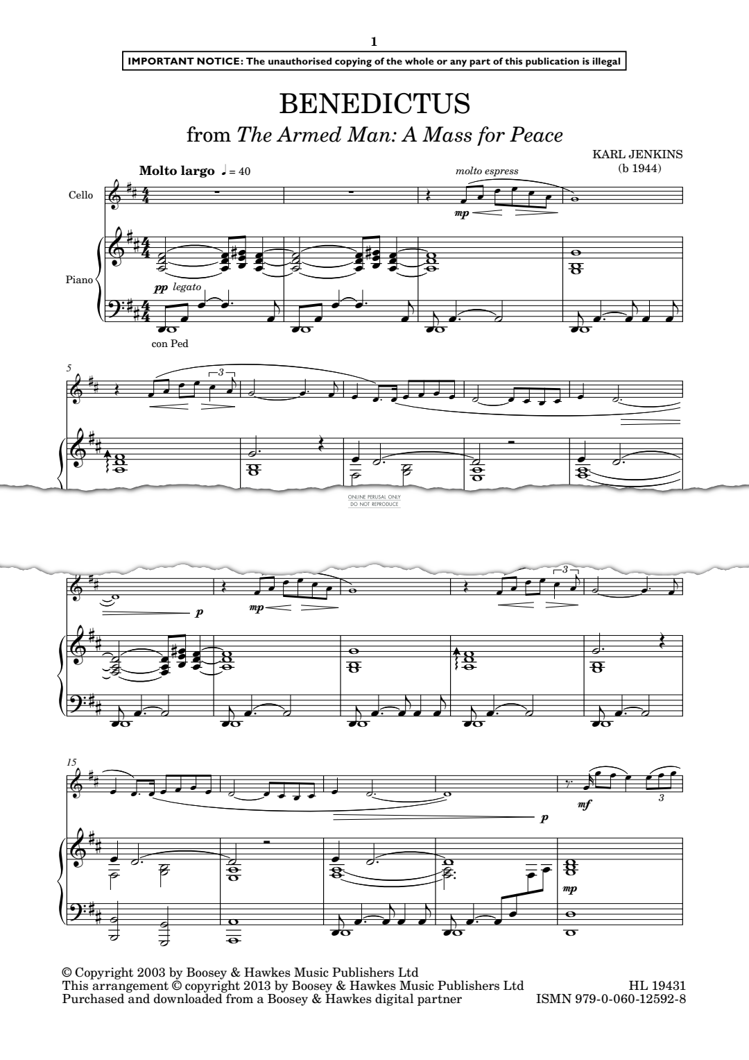 Benedictus (from 'The Armed Man: A Mass For Peace') (Karl Jenkins) | Sheet Music: Piano, Cello ...