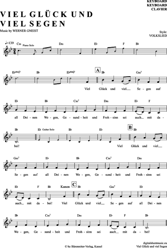 Viel Glück Und Viel Segen (Volkslied) | Noten: E-Bass | PDF Download